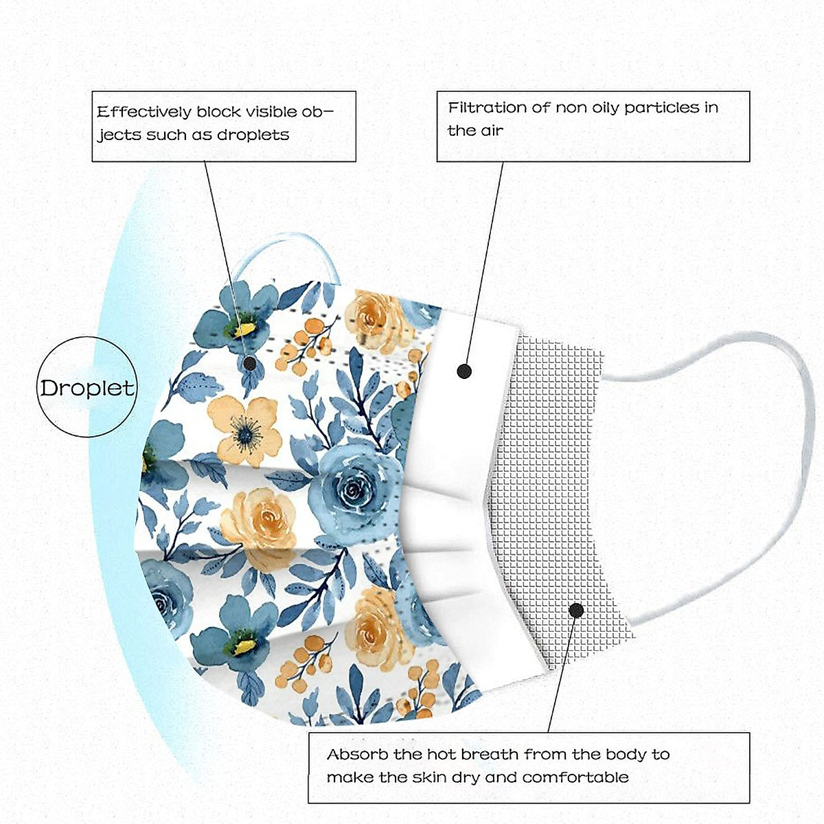 50PC Flower Disposable Face_Masks for Women, 3-Ply Colorful Floral Breathable Face_Mask with Nose Wire for Glasses Wearers, Protective Facemask with Printed Design for Adults Holiday Party