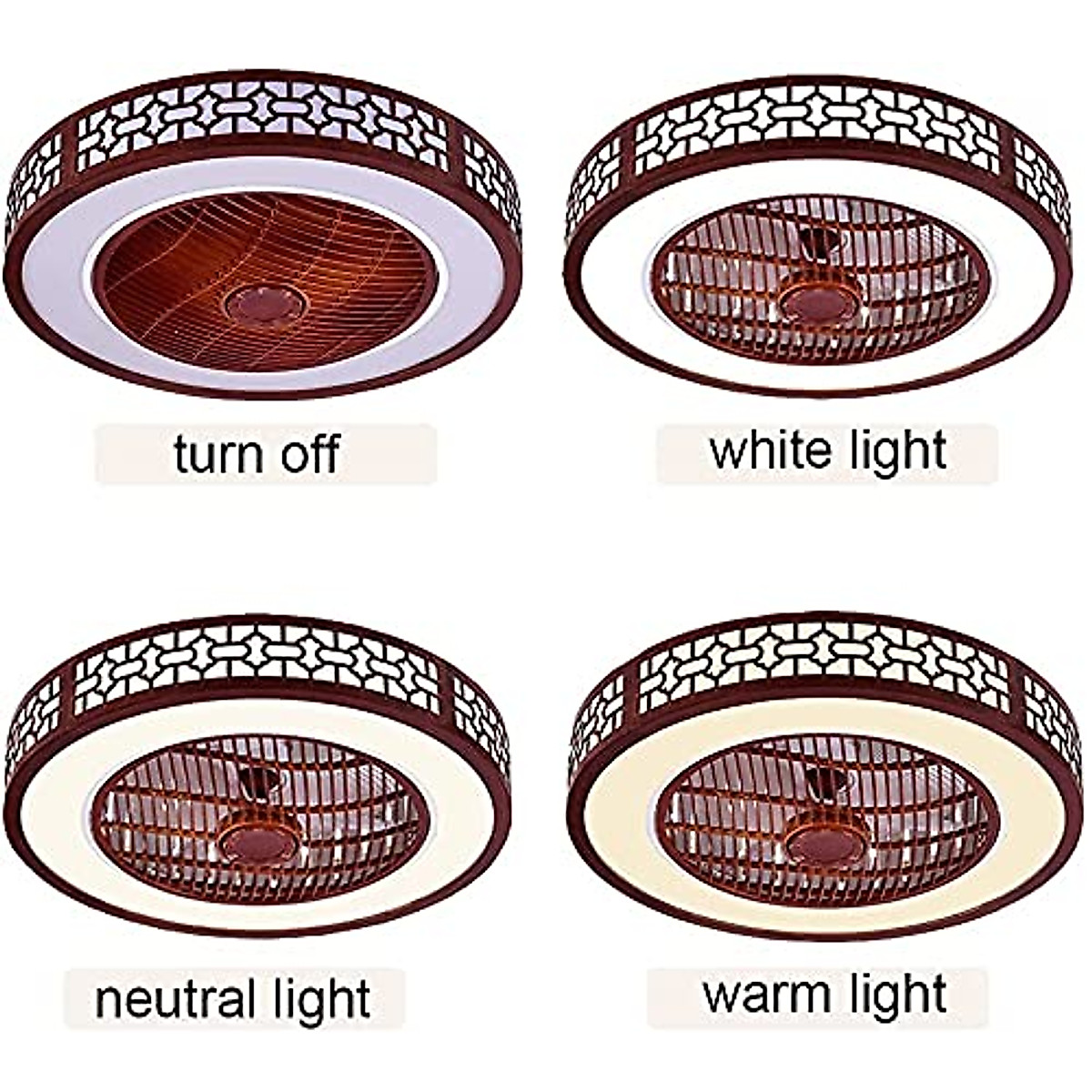 Ceiling Fan Light,22 Inch 64W 3 Colors 3 Speeds Round Retro Wood Remote Control Indoor Flush Mount Ceiling Fan Light