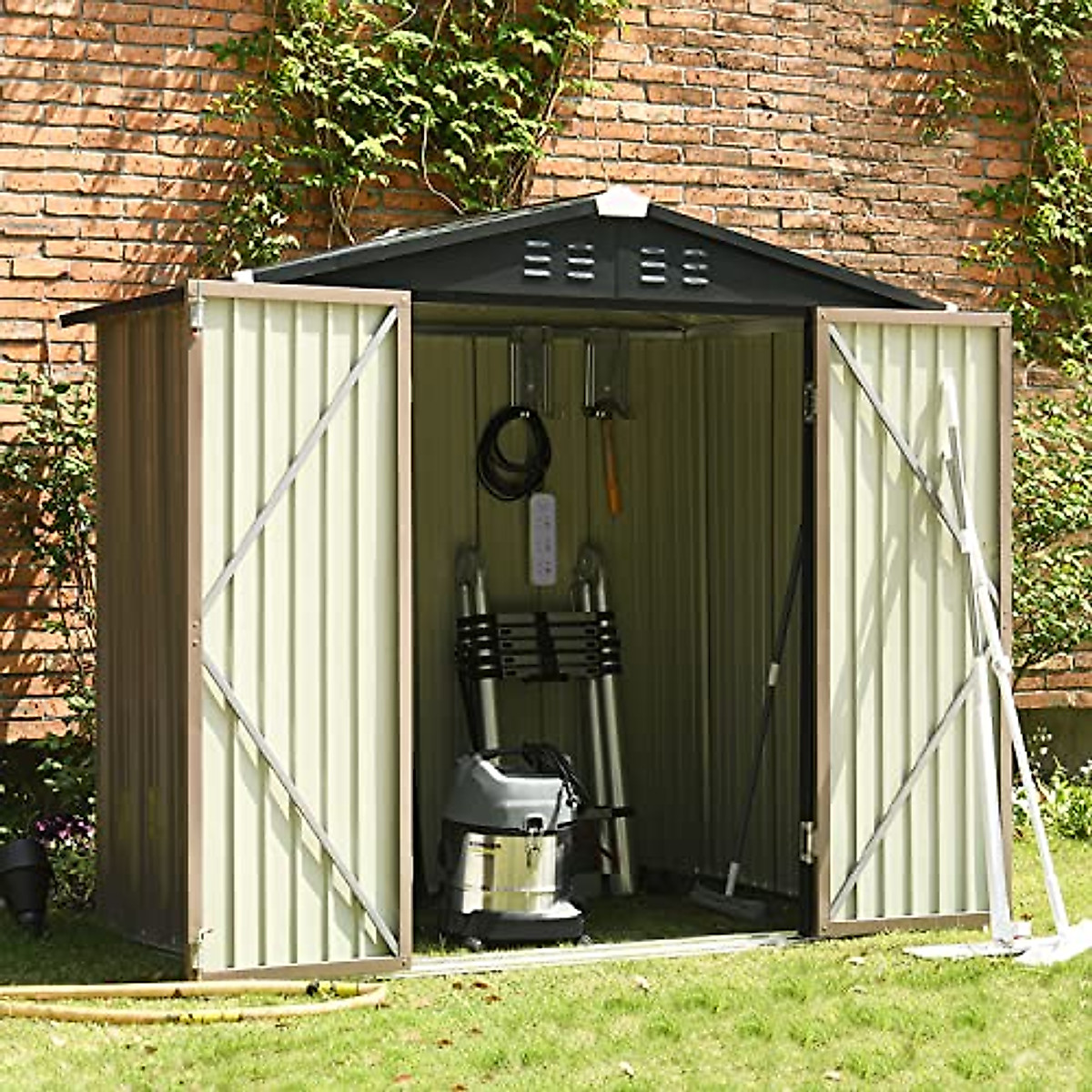 Catrimown Backyard 6x4 Storage Sheds, Galvanized Steel Outdoor Storage Shed with Air Vent and Lockable Door, Gable Roof Patio Storage Shed & Outdoor Backyard Storage Brown