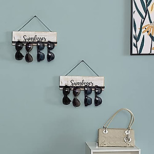 MyGift Wall Mounted Whitewashed Wood Sunglasses Organizer, Hanging Eyewear Eyeglasses Sunglass Holder Rack with Cursive Sunglasses Lettering for Home Collection and Retail Display, Set of 2