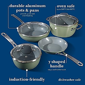 Sur La Table Kitchen Essentials 10 Piece PFA Free Non-Toxic Titanium Ceramic Nonstick Interior Forged Aluminum Cookware Pots and Pans Set - Green - Induction Compatible