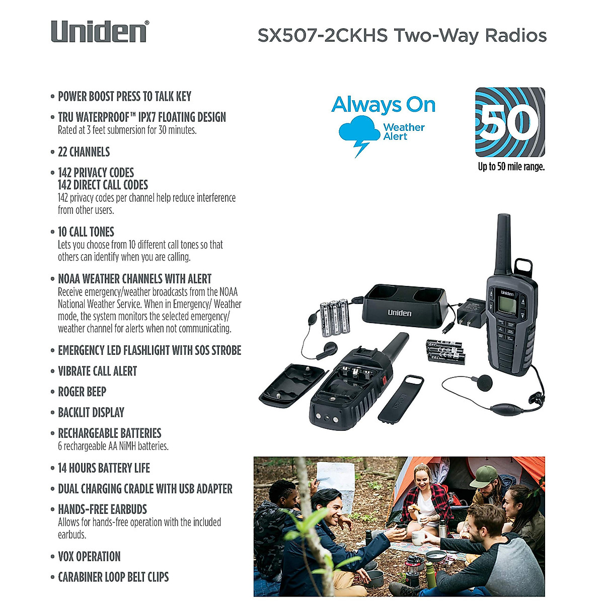 Uniden SX507-2CKHS Up to 50 Mile Range Two-Way Radio Walkie Talkies W/Dual Charging Cradle, Waterproof, Floats, 22 Channels, 142 Privacy Codes, NOAA Weather Scan + Alert, Includes 2 Headsets, Grey