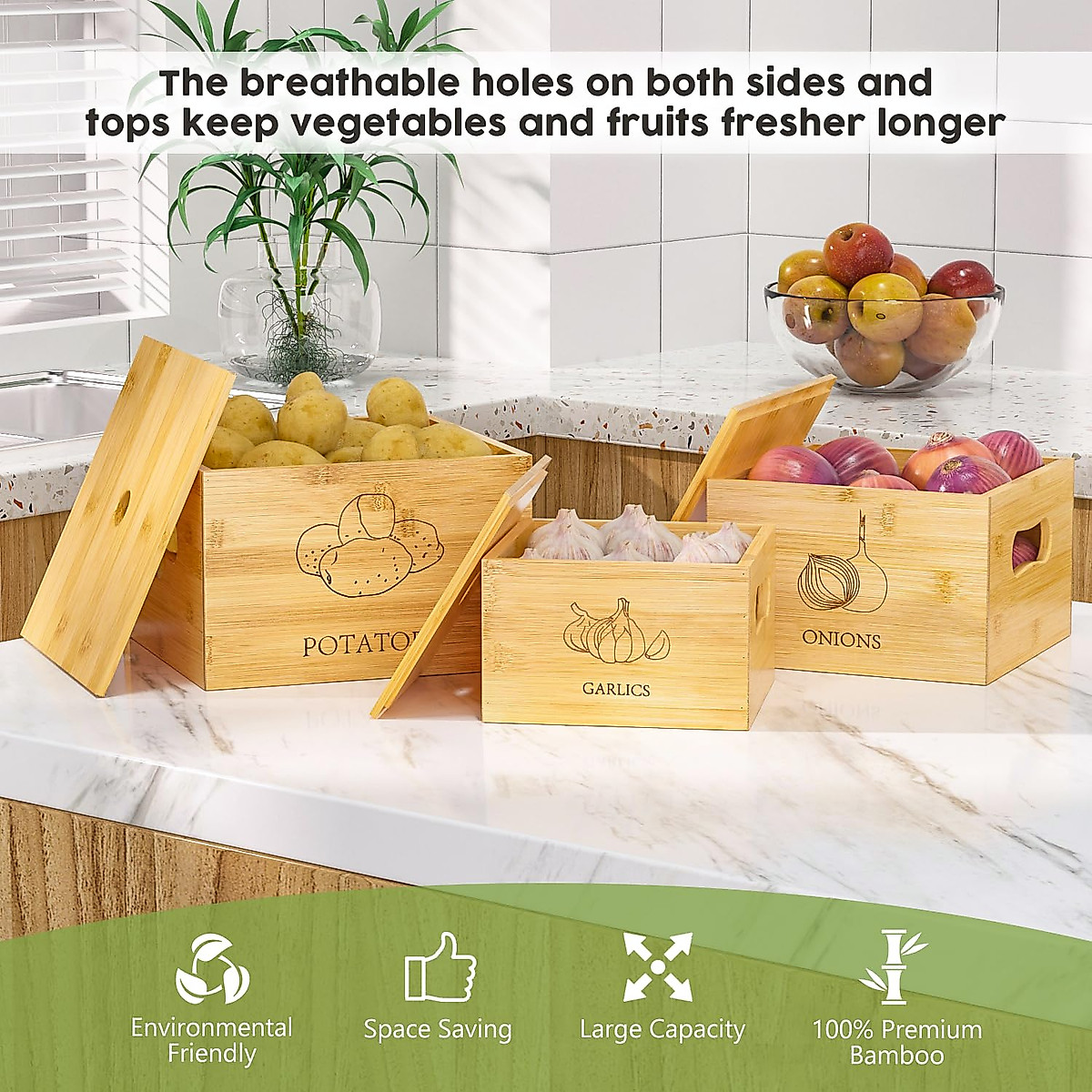 DALSHABET Potato and Onion Storage Bins, Premium Pantry Organizers and Storage, Bamboo Vegetable Garlic Keeper Solutions for an Organized Kitchen Beige
