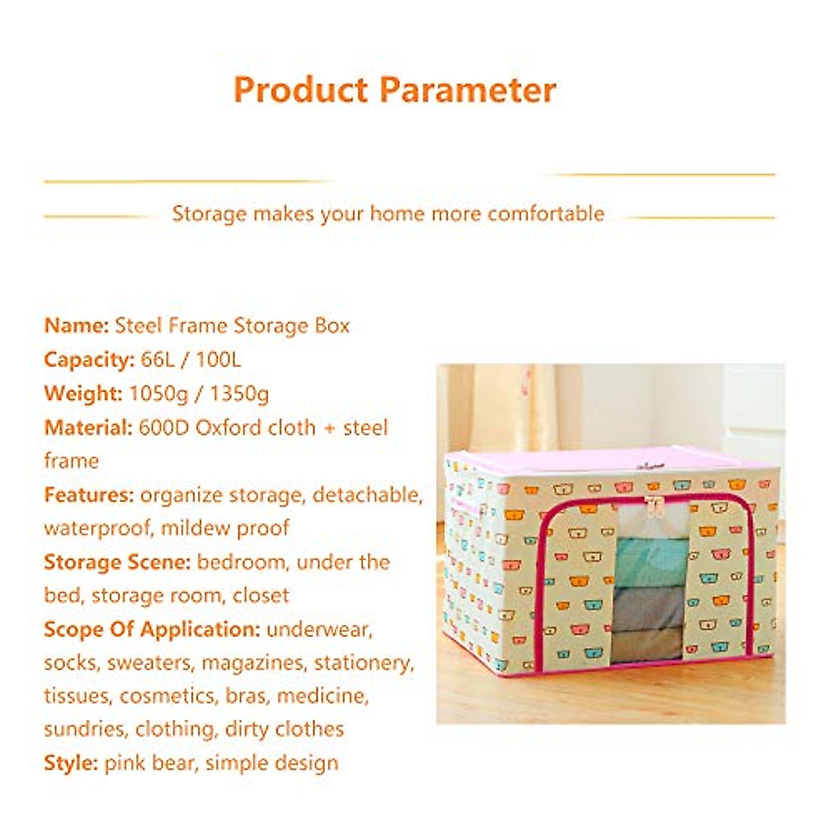 66L Foldable Storage Box, Large Capacity Cothing Storage Box with Steel Frame Support, Quilt Storage Bag, Stackable Container Clothing Storage Box with Transparent Window and Carry Handles