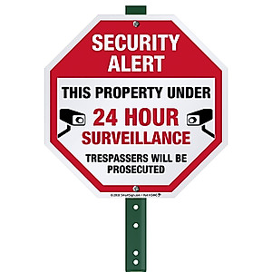 SmartSign 10" x 10" 'Security Alert Property Under 24 Hour Surveillance, Trespassers Prosecuted' Yard Sign with 3 ft Stake, 40 mil Laminated Aluminum, Red/Black/White, Set of 1, USA-Made