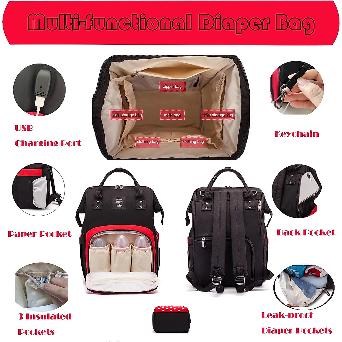 Cinkerr Cute Diaper Bag Backpack for Baby Girls/Boys, Personalized Polka Dot Large Capacity Travel Backpack with USB Port for New Moms/Dads,Baby Shower Gifts,Red White Printed Fashion Waterproof Tote