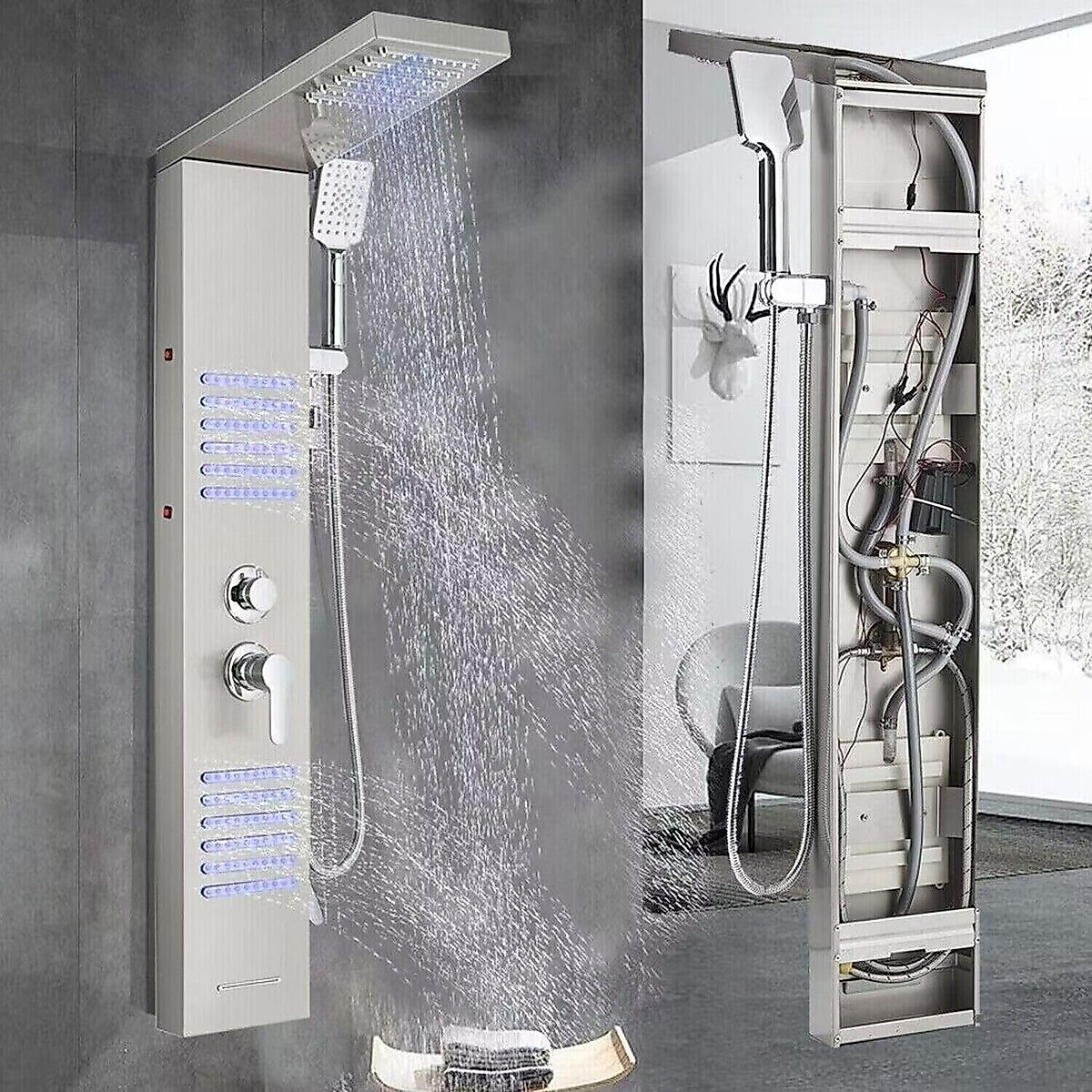 AlenArt Shower Panel Tower System LED Multi-Function Shower Tower Faucet Rainfall Waterfall Shower Head with Massage Jets Stainless Steel Wall Mount in Bathroom,Brushed Nickel