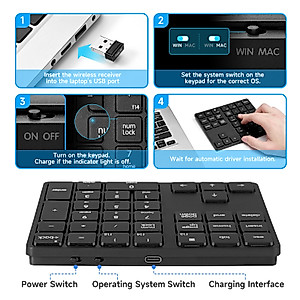 havit Wireless Number Pad for Laptop, Fully Compatible with Mac OS, iPad, Windows, and Android Devices – 2.4G Rechargeable 34-Key Numeric Keypad