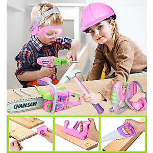 Kids Tool Set with Electric Toy Drill Chainsaw Jigsaw Toy Tools for Girl, Realistic Kids Power Construction Pretend Play Tools Set Toddler Toys Playset Kit for Toddler Boy Girl Kid Child Tool Toy Pink