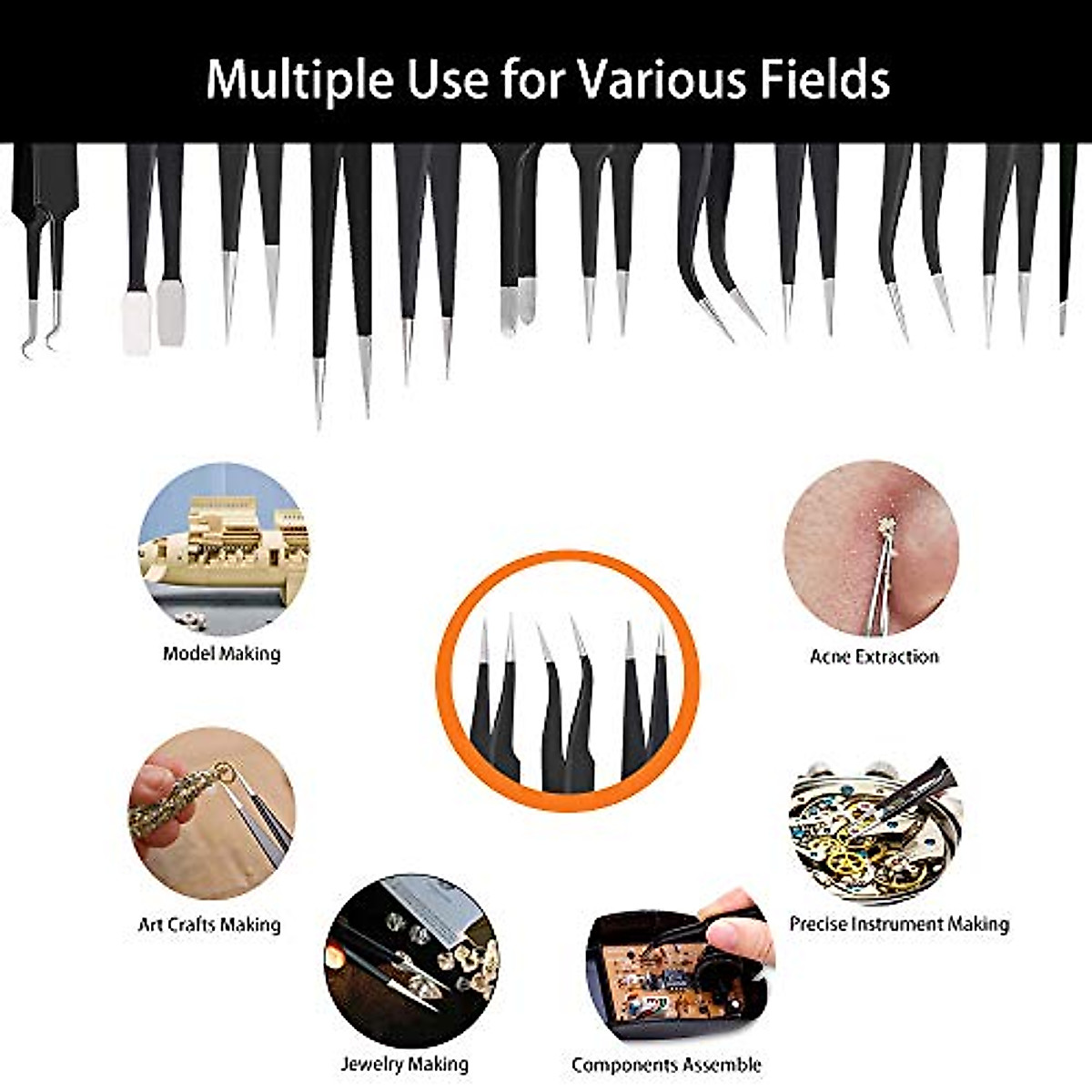 BOENFU Precision Tweezer Set Anti-Static ESD Needle Nose Tweezers for Craft, Soldering, Jewelry, Ingrown, Eyelash, Electronics, 12-PCS