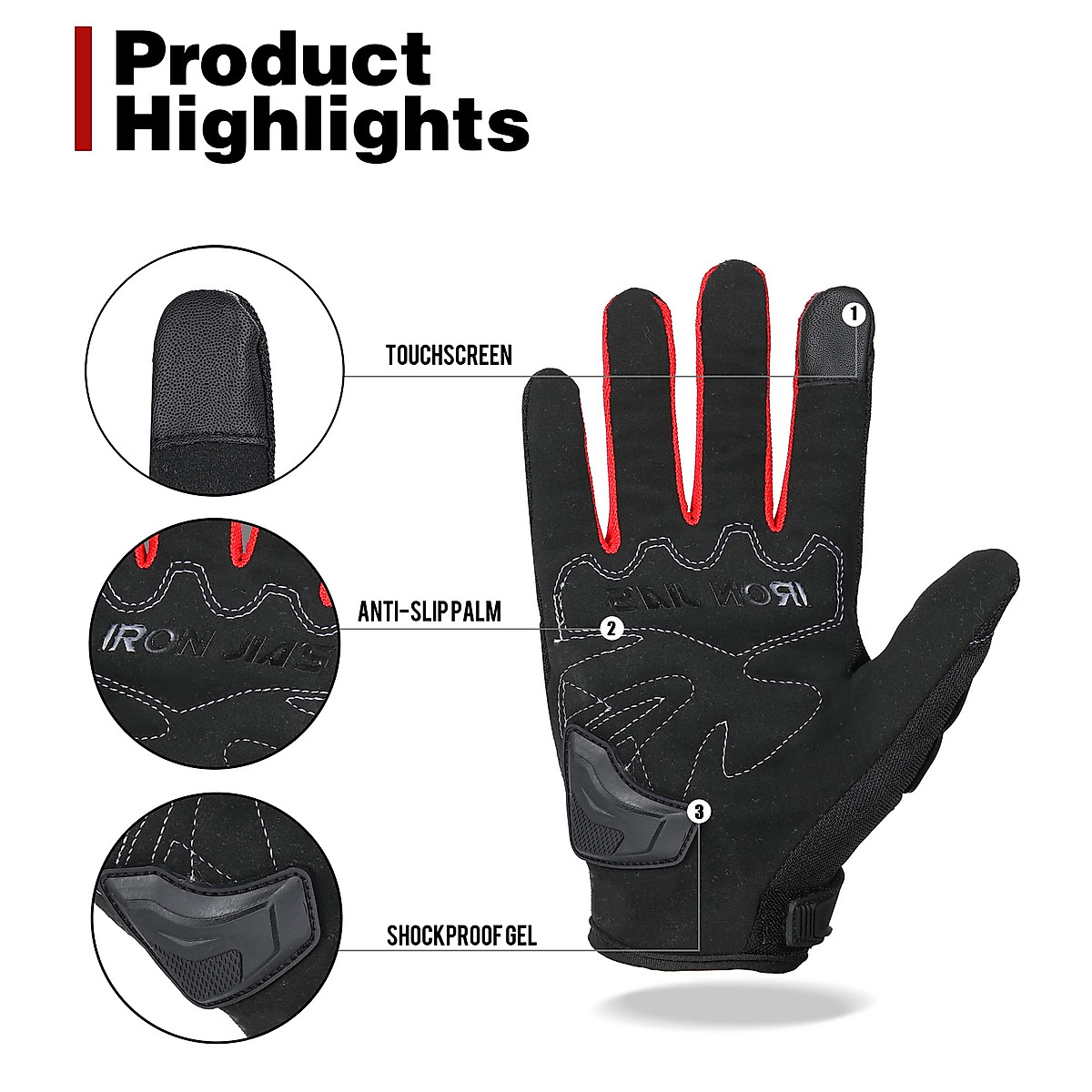 IRON JIA'S Motorcycle Gloves Full Finger Durable for Road Racing Bike Summer Spring Powersports Support Touch Screen red-L