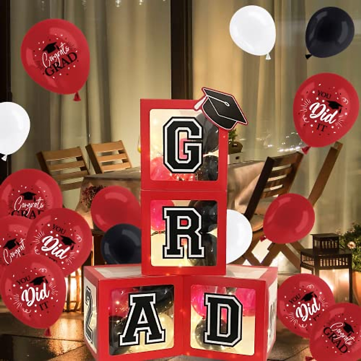 DAZONGE Graduation Party Decorations 2023 - Set of 4 Red Balloon Boxes with 40 Latex Graduation Balloons & 4 Light Strings - So Proud of You Graduation Decorations for Any Grades Ceremony