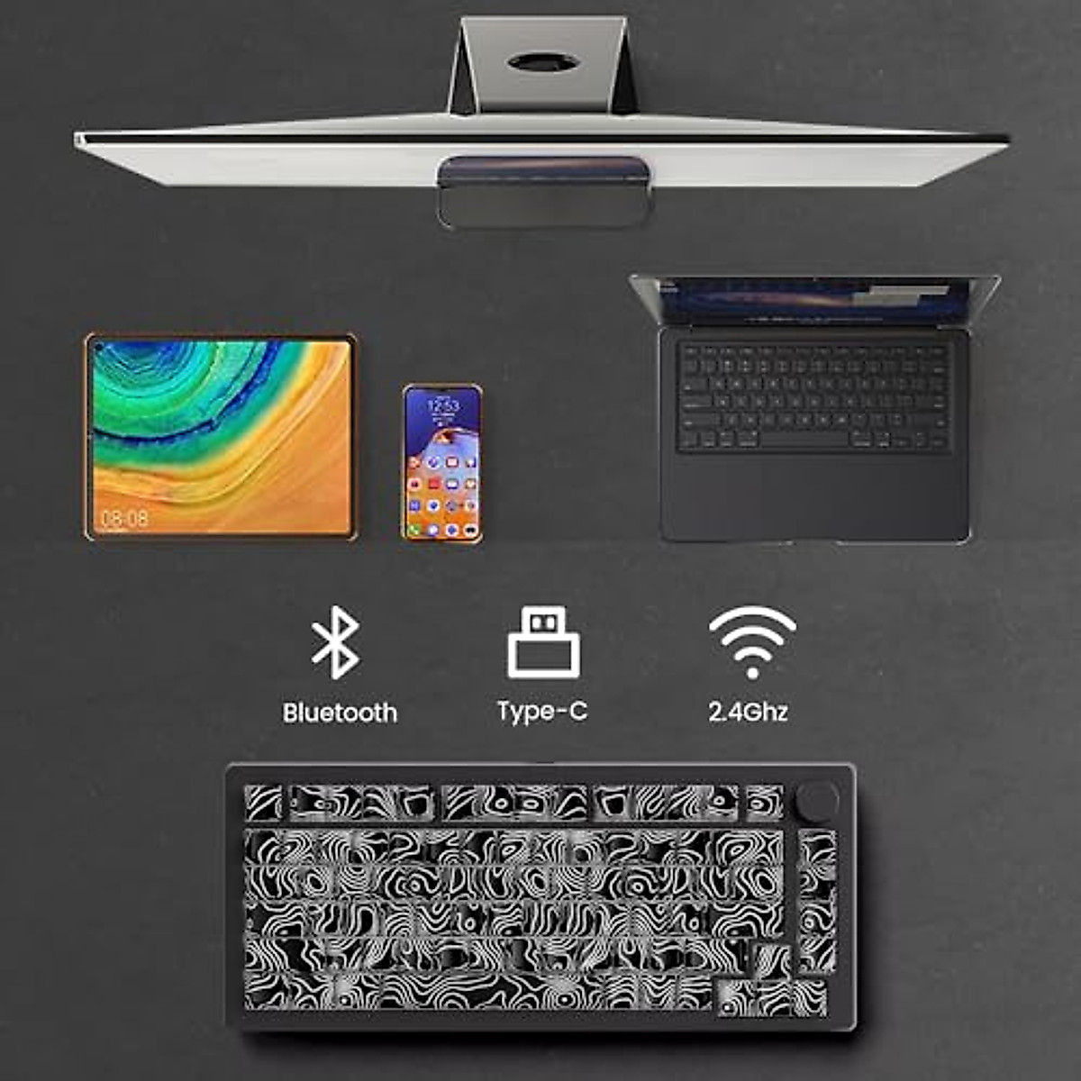MONSGEEK M1 V5 Aluminum Mechanical Keyboard 75% Topographic Theme Quick Release Gaming Keyboard with Knob, 8000 mAH RGB Hot-swappable Black Custom with Side-Printed Keycaps Pre lubed Piano Switch