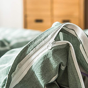 NSNLGSGC Sage Green Striped 100% Washed Cotton Duvet Cover Set Twin - Linen Feel Bedding Set,Durable & Breathable Comforter Cover Set(2PCS, Twin)