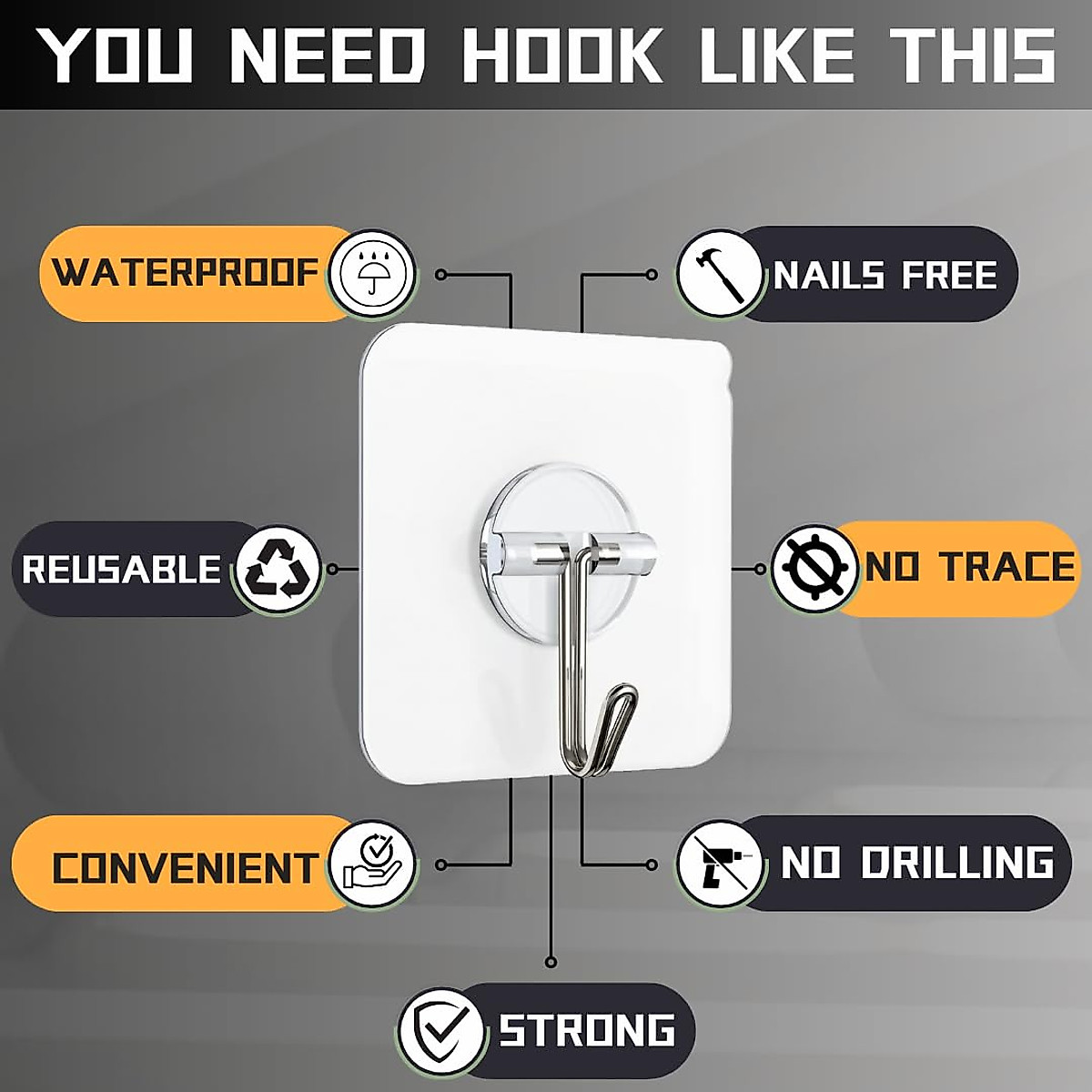 BrapWrap Adhesive Hooks, 24 Pack, Self Adhesive Transparent Waterproof Sticky Hooks, Heavy Duty Self Adhesive Hooks Stick on Bathroom Kitchen Office Outdoors, Transparent Sticky Hooks for Hanging