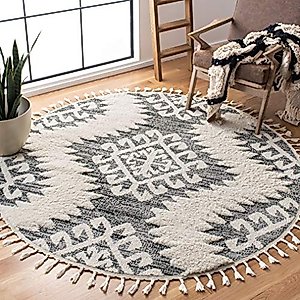 SAFAVIEH Moroccan Tassel Shag Collection Area Rug - 8' Round, Ivory & Grey, Boho Design, Non-Shedding & Easy Care, 2-inch Thick Ideal for High Traffic Areas in Living Room, Bedroom (MTS652F)