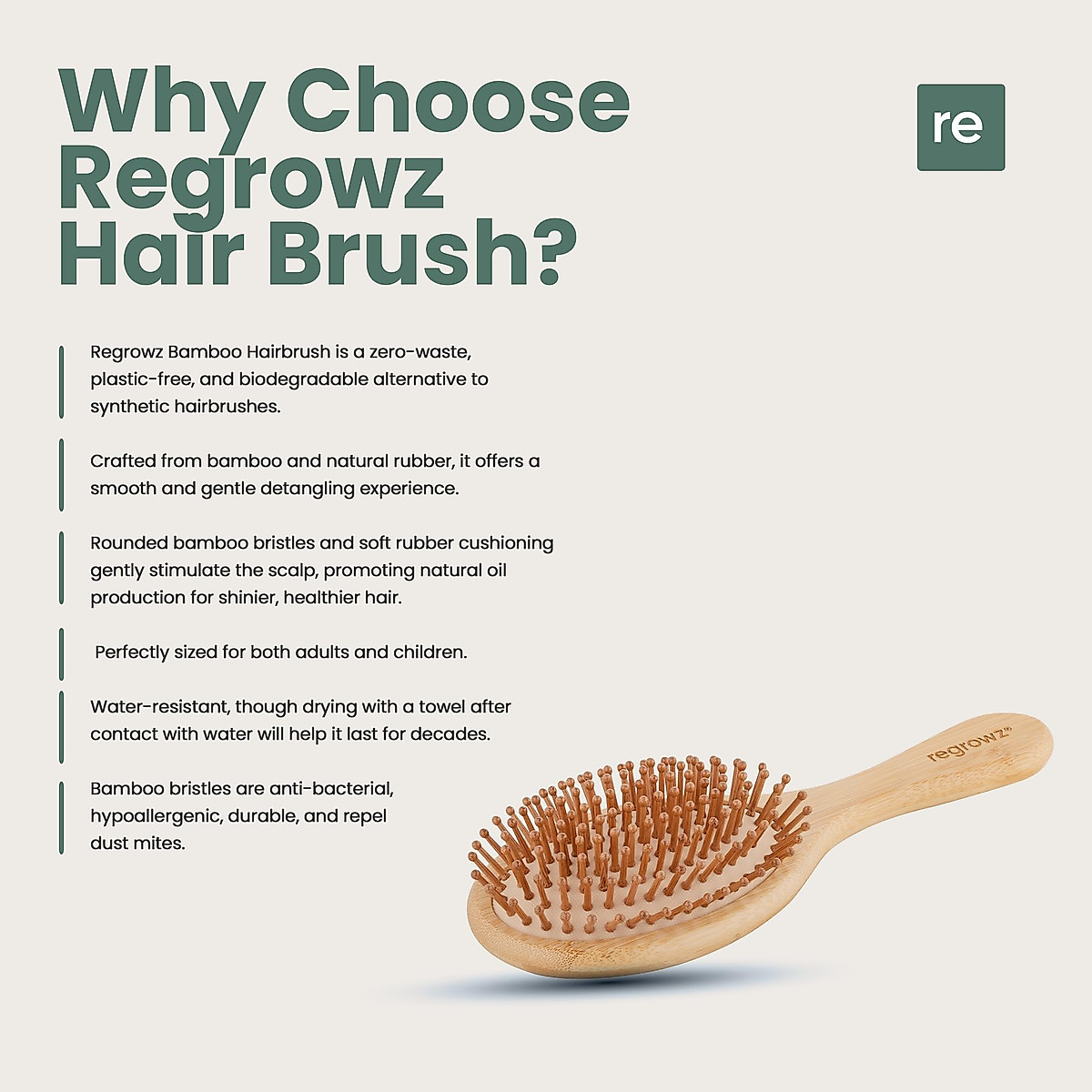 Regrowz Bamboo Paddle Hair Brush for Women & Men - Natural Wooden Brush to Detangle Hair & Reduce Hair Breakage - Scalp Massage, Perfect Hair Care Tool