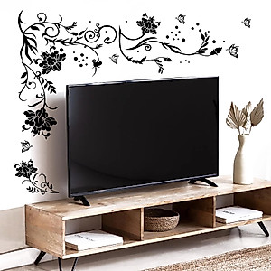 Supzone Flowers Vine Wall Decals Black Flower Wall Stickers Butterfly Floral Wall Decor Removable Vinyl DIY Home Wall Art Stickers for Bedroom Living Room Sofa Backdrop TV Wall Decoration