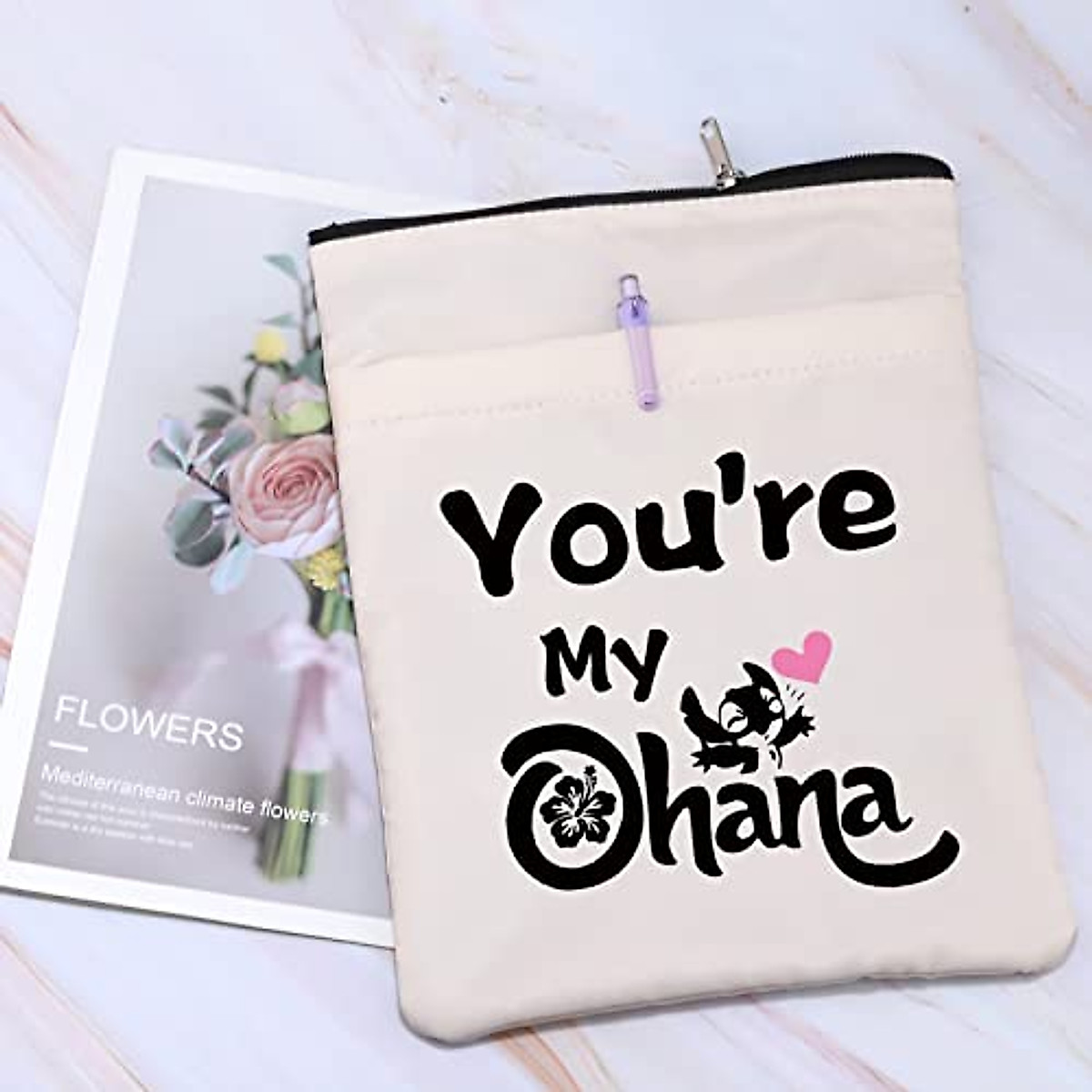 Ohana Book Sleeve Family Book Sack Hawaiian Flower Book Protector Hibiscus Flower Book Cover You’re My Ohana Book Zipper Pouch Cartoon Inspiration Gift for Friends BFF (YouAreMyOBS)