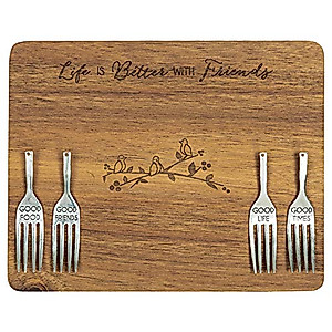 Pavilion Gift Company Life is Better with Friends Birds 7 x 9 Inch Cutting Cheese Board, Set of 4 Forks with Debossed Text, 9", Brown