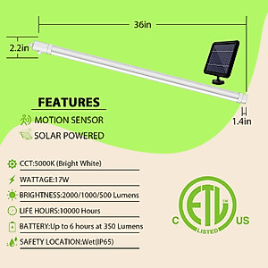 hykolity Solar Powered Shop Light with Motion Sensor, 3FT 17W (100-Watt Equivalent),Integrated LED IP65 Waterproof Outdoor Motion Sensor Shop Light for Garage, Barn, House - 2 Pack
