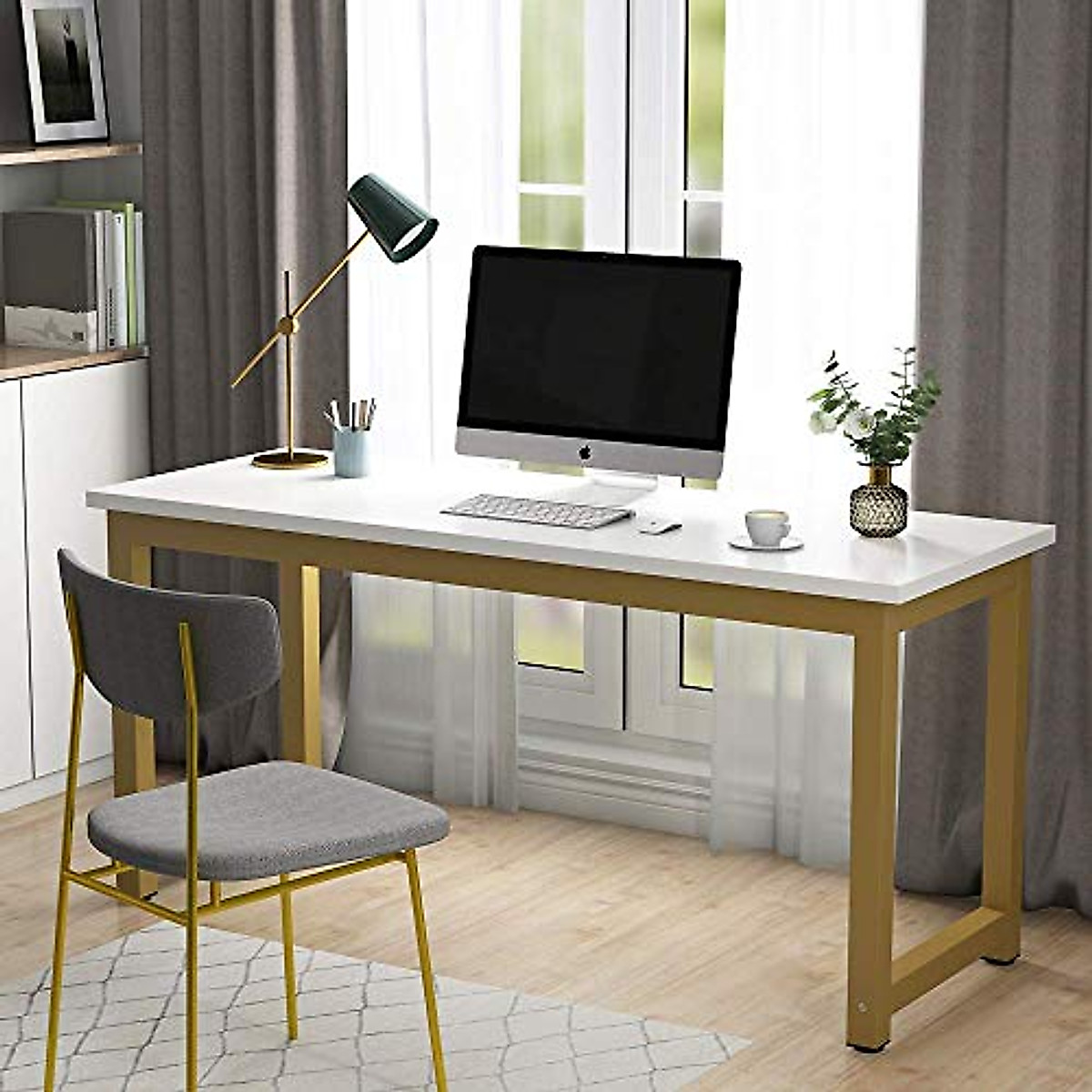 Tribesigns Computer Desk, Large Office Desk, Study Writing Table for Home Office, Easy Assemble, White Gold, 65 X 23.6 inch
