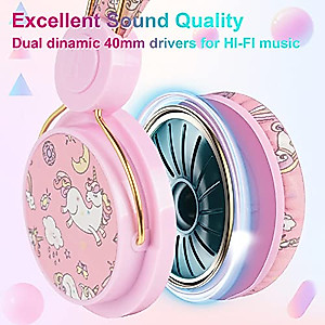 QearFun Unicorn Headphones for Girls Kids for School, Kids Wired Headphones with Microphone & 3.5mm Jack, Teens Toddlers Noise Cancelling Headphone with Adjustable Headband for Tablet/Smartphones