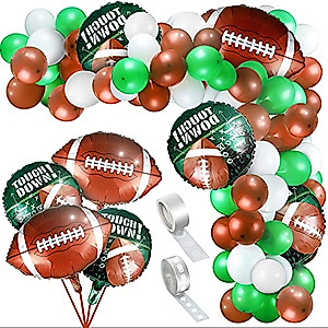 97 Pieces Football Balloons Set 6 Pieces Football Field Foil Balloons 90 Pieces Latex Balloons and Long Balloon Strip for Sport Themed Football Themed Birthday Party Decorations (White, Green, Brown)