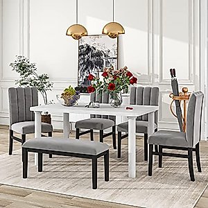 P PURLOVE Faux Marble Style 6 Piece Dining Table Set, Marble Veneer Table with 4 Flannelette Upholstered Dining Chairs and a Bench for Home Living Room (White adn Gray)