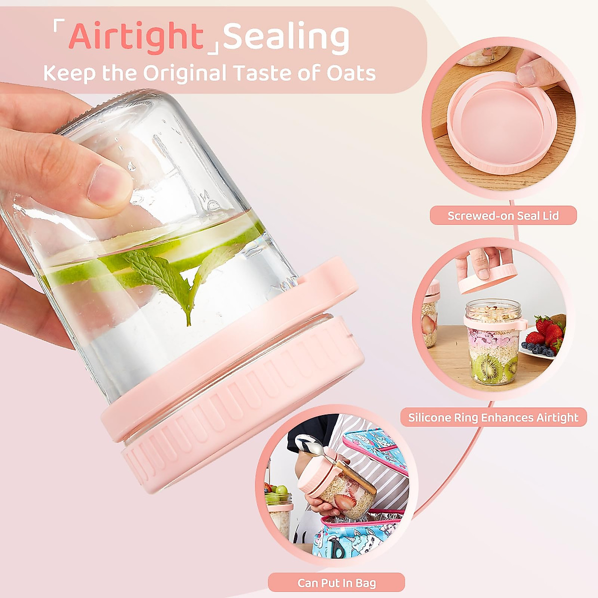 HomArtist Glass Overnight Oats Containers with Lids and Spoon, 16oz Wide Mouth Mason Jars for Overnight Oats, Cereal, Yogurt, Salad Lunch Container with Measurement Marks - Pink 4 Pack