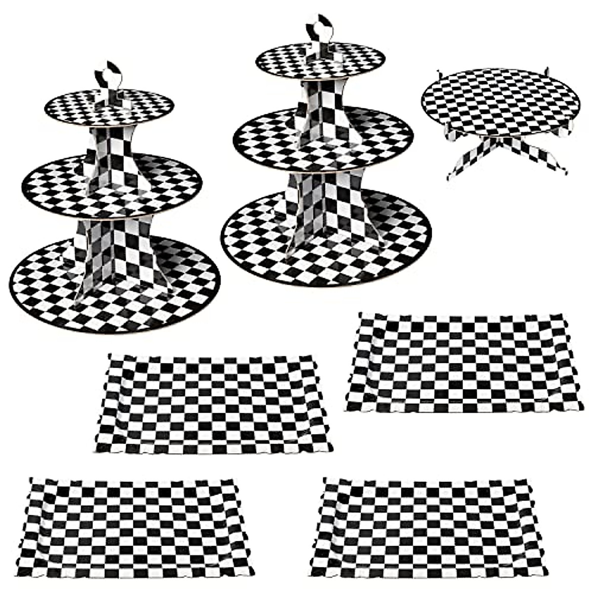 Haooryx 7Pcs Checkered Cupcake Stand Set, 2 Black White Checkered 3-Tier Cupcake Tower Cardboard Dessert Holder 1 Round Cake Stand Platters 4 Rectangle Serving Tray for Theme Birthday Party Supplies
