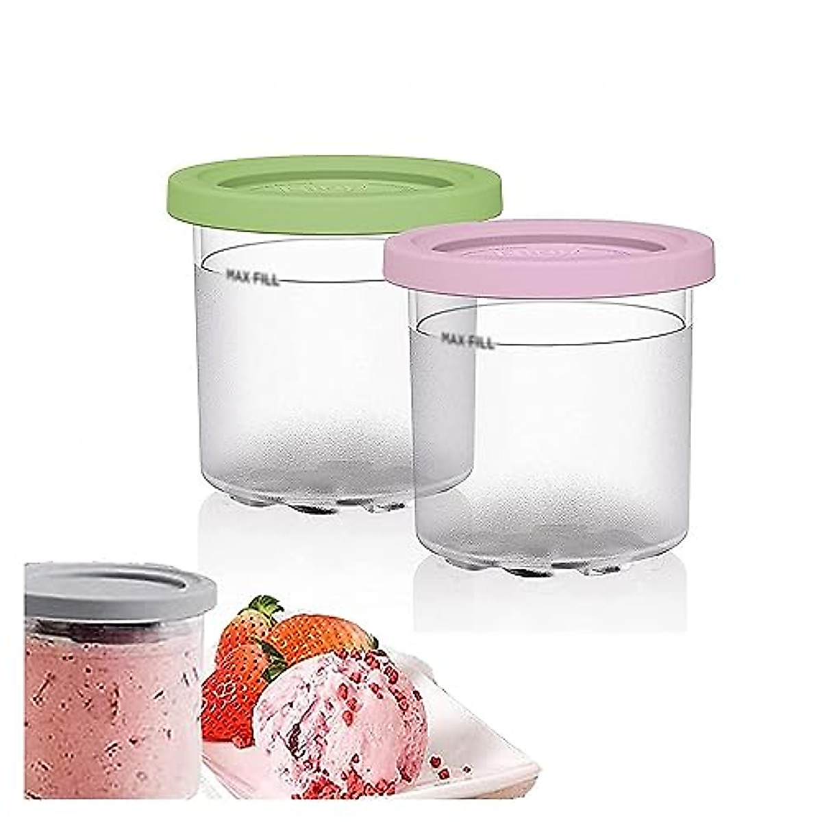 EVANEM 2/4/6PCS Creami Containers, for Ninja Creami,16 OZ Ice Cream Containers for Freezer Airtight,Reusable for NC301 NC300 NC299AM Series Ice Cream Maker,Pink+Green-2PCS