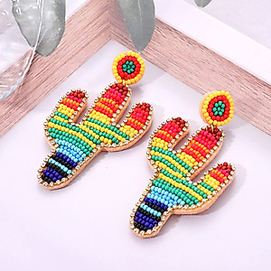 Cinco De Mayo Fiesta Earrings Boho Beaded Cactus Drop Earrings Rhinestone Cactus Earrings Rainbow Beaded Earrings Pride Earrings for Men Jewelry (Cactus)
