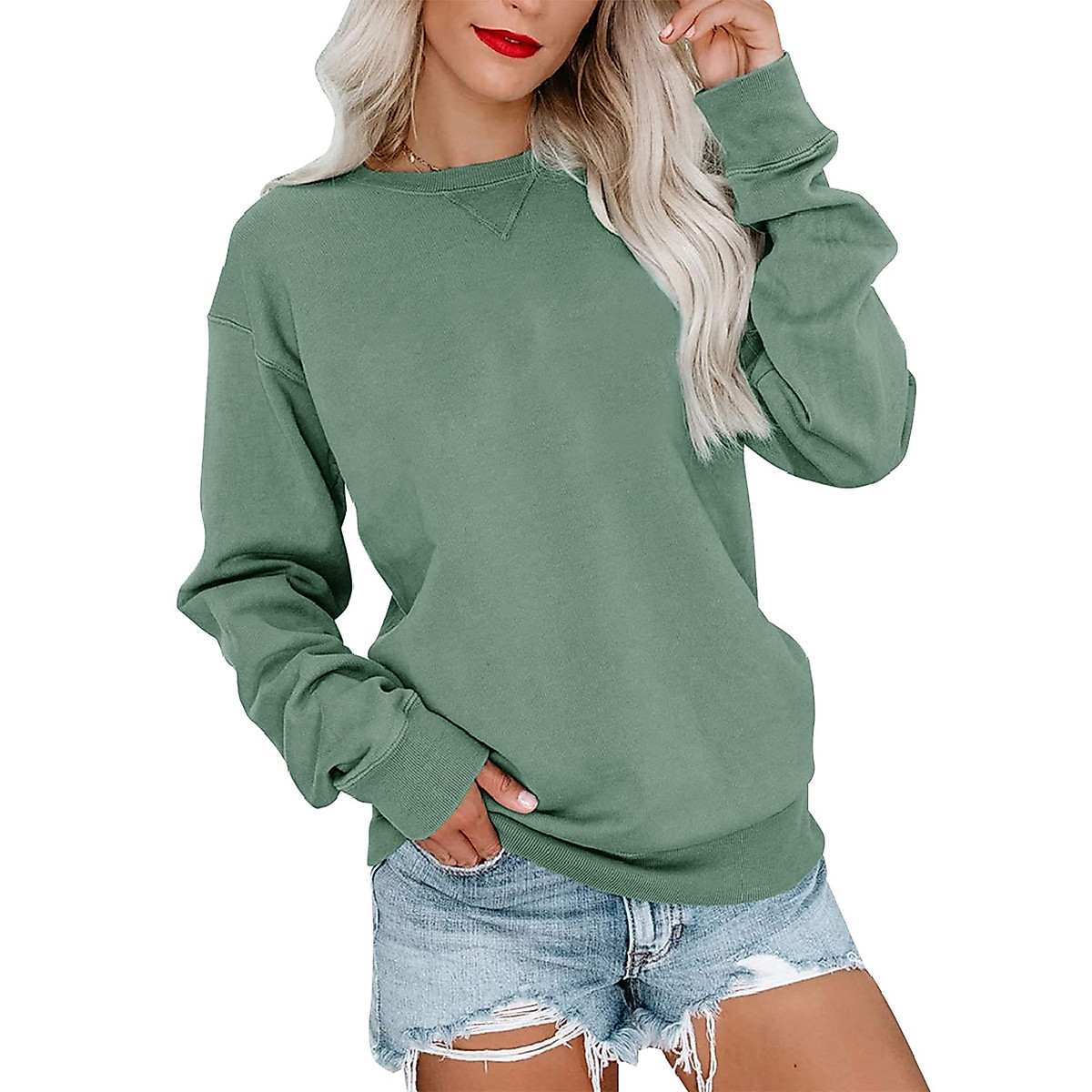 Orchidays Womens Casual Crewneck Sweatshirts Long Sleeve Cute Tunic Tops Loose Fitting Pullovers (Green,Large,Adult,Female,US,Alpha,Large,Regular,Regular)
