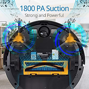 Pure Clean Robotic Vacuum Cleaner - 1100Pa Suction - Wifi Mobile App and Gyroscope Mapping - Ultra Thin 2.9” Height Cleans Carpets and Hardwood Floor - PUCRC455