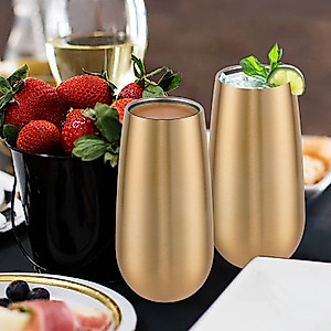 6 Pack Stemless Double Insulated Champagne Flute Tumbler with Lid, 6 Oz Unbreakable Reusable Cocktail Cups Champagne Toasting Glasses, Birthday Christmas Gifts for Friends, Wine Glass Tumbler, Golden