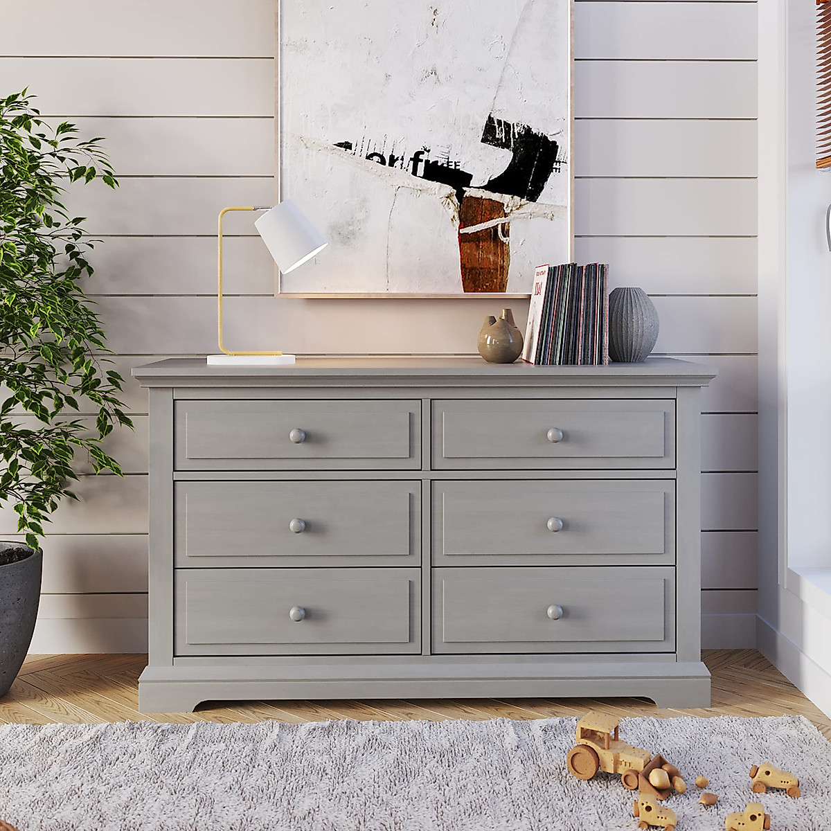 Child Craft Jordyn Select 6 Drawer Double Dresser, Classic Style with Wood Knobs (Lunar Gray)