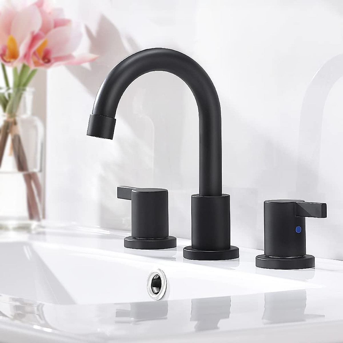 Phiestina 8 Inch 3-Hole Low-Arch 2-Handle Widespread Bathroom Faucet with Valve and Metal Pop-Up Drain Assembly,Matte Black, WF15-1-MB