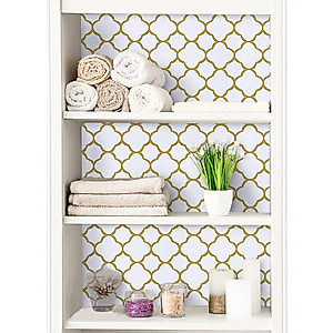 Safiyya 118"x17.7" Gold Peel and Stick Wallpaper White and Gold Pattern Contact Paper Self Adhesive Decorative Removable Contact Paper for Cabinets Modern Bathroom Wallpaper for Kitchen