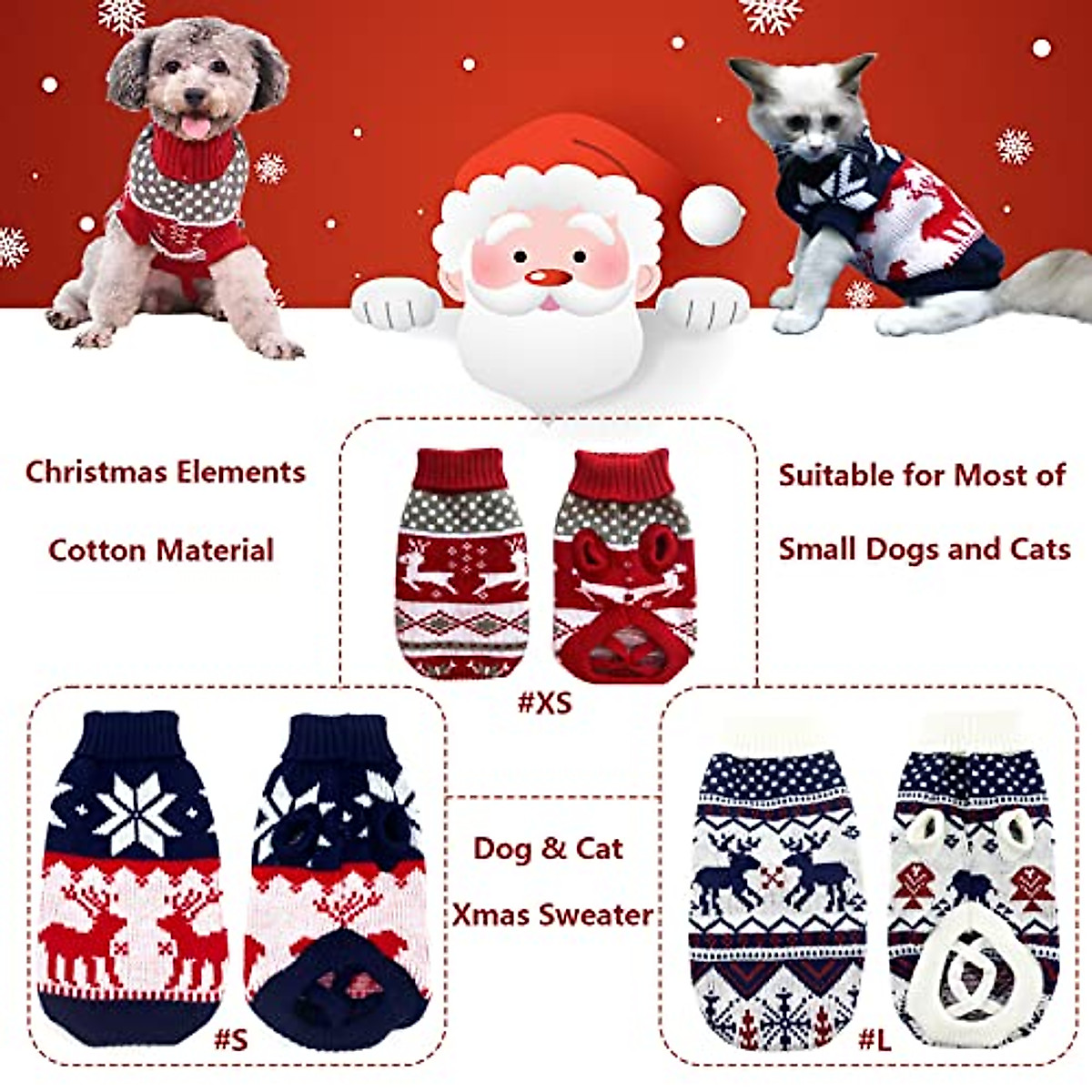 CooShou 3Pcs Christmas Dog Sweater Costume Xmas Cat Knitwear Clothes Navy Blue White and Christmas Red Sweaters with Reindeers Snowflakes Pattern for Kitten Cat Puppy Dog XS