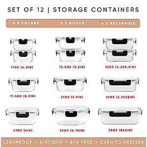 JoyFul by JoyJolt 24pc Borosilicate Glass Storage Containers with Lids. 12 Airtight, Freezer Safe Food Storage Containers, Pantry Kitchen Storage Containers, Glass Meal Prep Container for Lunch