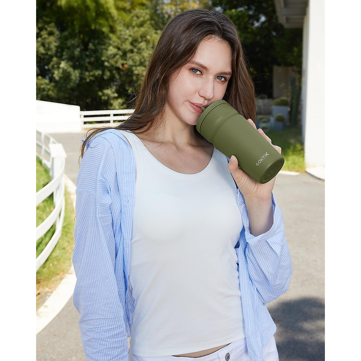 COKTIK 20oz Insulated Tumbler with Lid and Straw 2 Lids (Straw/Flip) Iced Coffee Cup Reusable Stainless Steel Travel Mug Water Bottle Cupholder Friendly for Women Men Her Him (Olive)