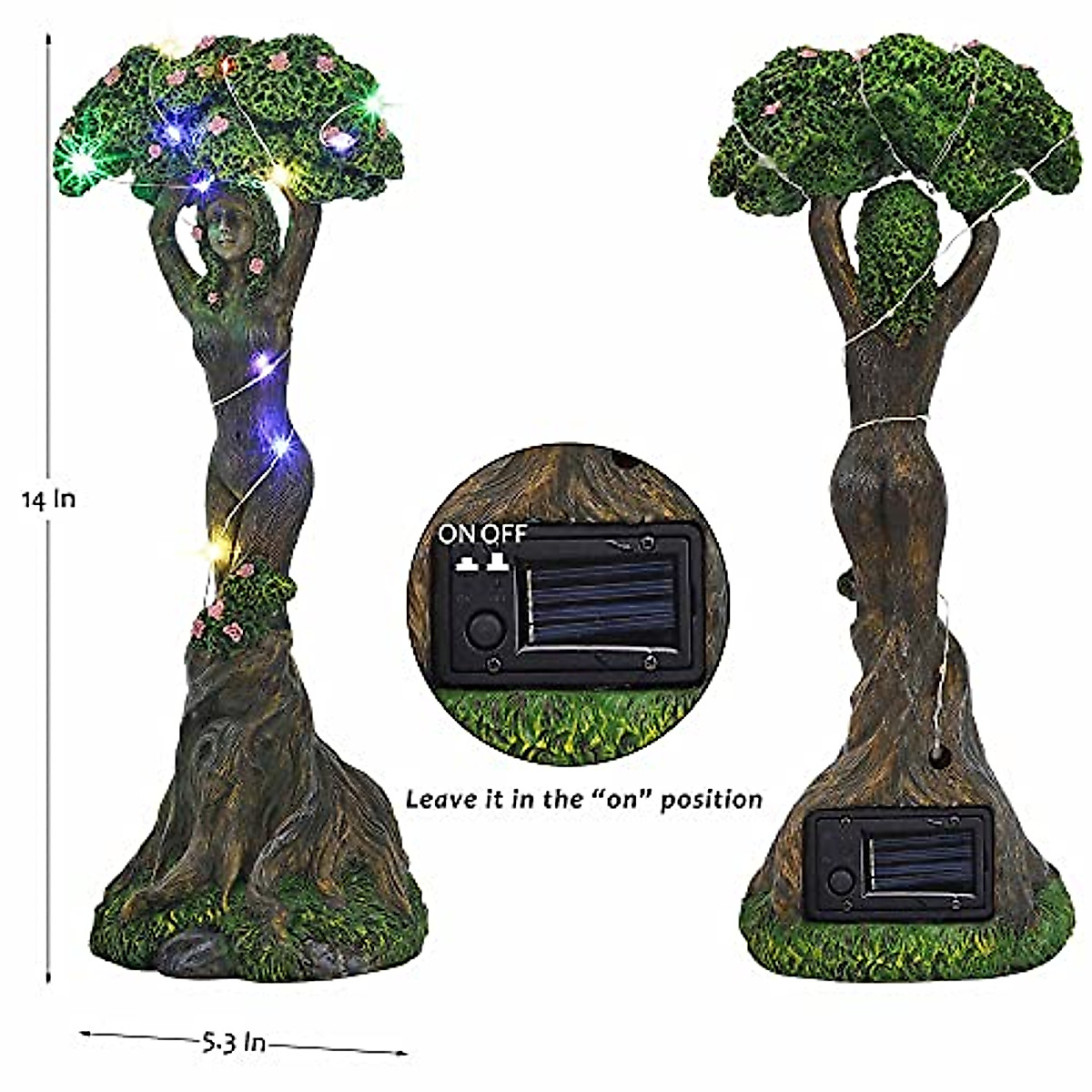 FORUP 14 Inch Tree Goddess Garden Statue, Resin Dryad Garden Figurine with 18 LEDs, Solar Powered Lighted Garden Sculpture for Outdoor Patio Lawn Yard Garden Decorations