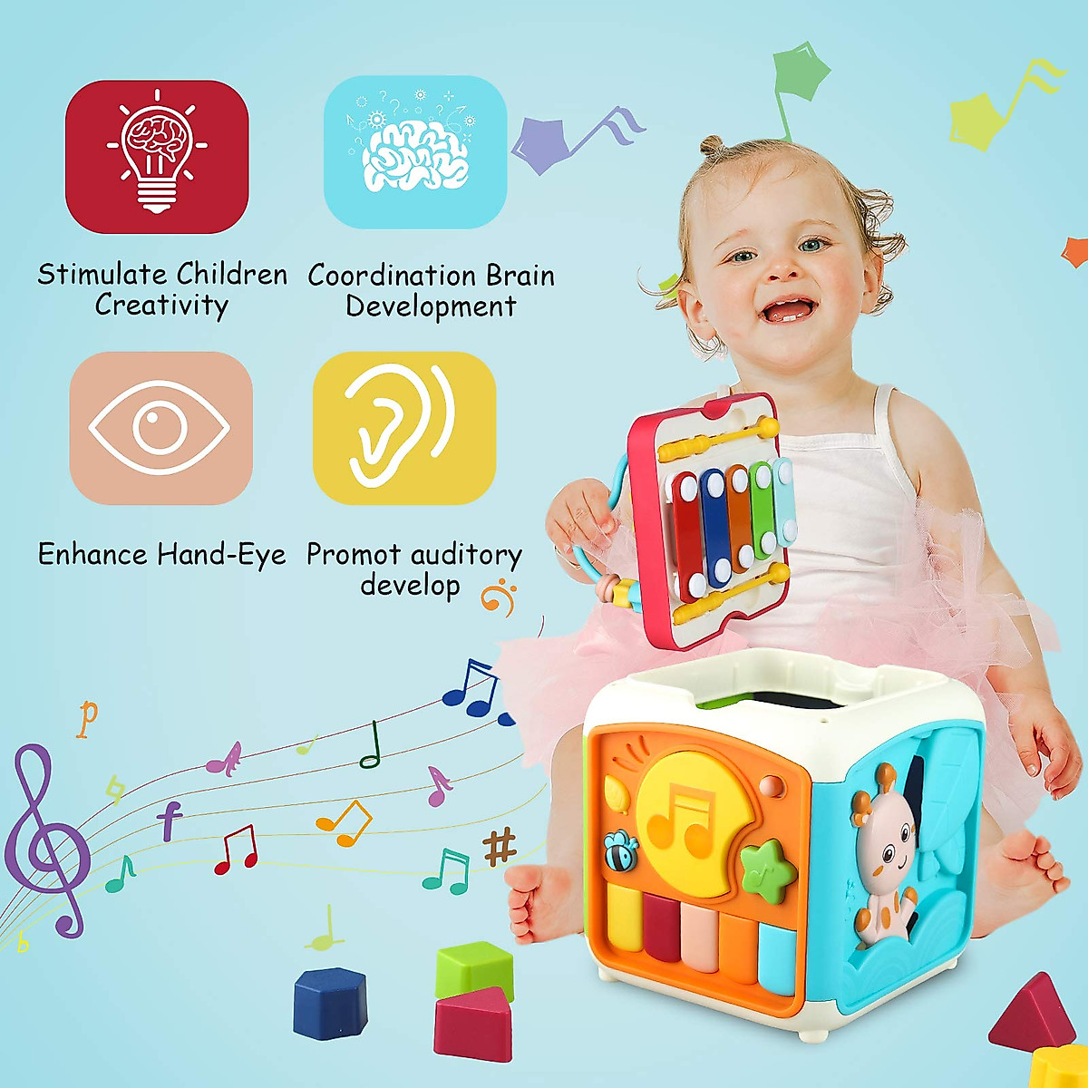 Tikooere Activity Cube Toy for Baby,7 in 1 Multi-Function Play Cube with Music Keyboard,Drum and Xylophone,Educational Musical Toy Gifts for Toddlers Kids Boys Girls 1 2 3 4 5 6 Years Old(Blue)