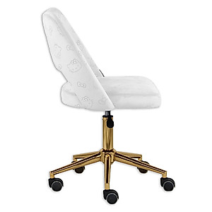 Impressions Vanity Hello Kitty Velvet Vanity Chair with Back, 360 Degrees Swivel Cute Desk Chair with Wheels, Golden Rolling Base Adjustable Height Makeup Chair for Bedroom (White)
