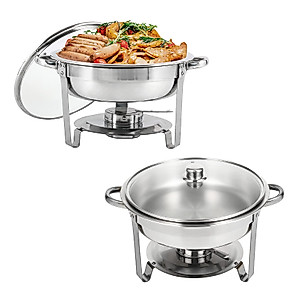 Restlrious Chafing Dish Buffet Set 2 Pack Round Stainless Steel Chafers and Buffet Warmers Sets Glass Lid, 5 QT Full Size Set w/Water Pan, Food Pan, Fuel Holder for Catering Event