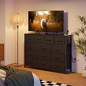 ODK Dresser with Charging Station, 57-Inch Long Dresser for Bedroom, Large Dresser TV Stand with 13 Storage Drawers, Fabric Dresser Chest of Drawers, Black