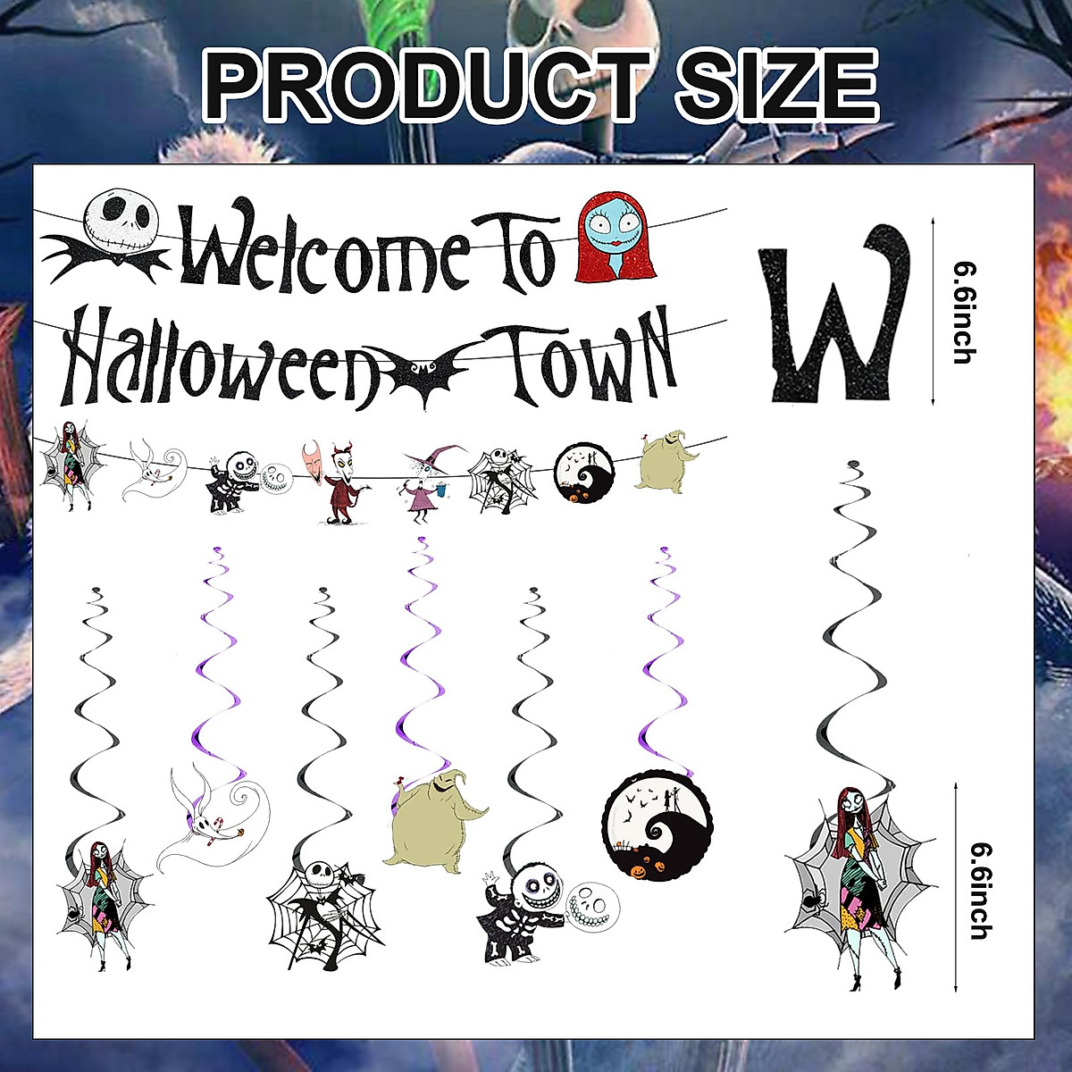 Glittery Welcome to Halloween Town Party Decorations,Welcome to Halloween Town Banner and Hanging Swirls,Halloween Nightmare Birthday Party Decorations