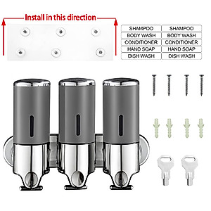 No-Drill 3 Pack 500ml Wall Mounted Soap Dispenser for Bathroom and Kitchen, Shampoo and Conditioner Dispenser Drill Free with Adhesive(Round-Grey)