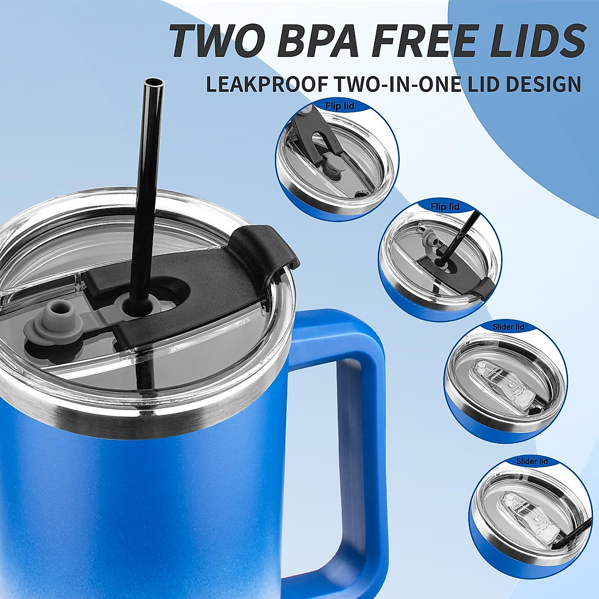 GUDEMAO 40 oz Tumbler with Handle, Insulated Tumbler with Lid and Straw, Reusable Stainless Steel Vacuum Insulated Cup, 100% Leak Proof Thermal Travel Coffee Mug Cup for Cold and Hot (Blue Pink)